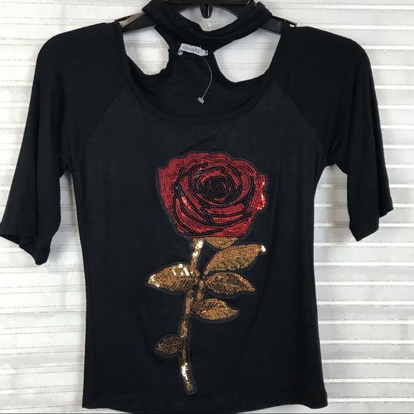 davida | Tops | Nwot Davida Black Small Sequence Rose Tshirt | Poshmark
